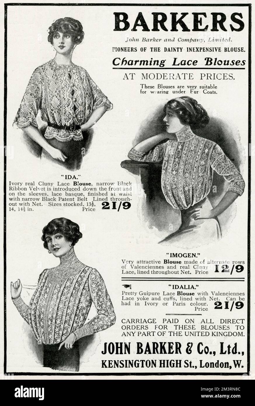 Advert for John Barker & Co, lace blouses 1912 Stock Photo - Alamy