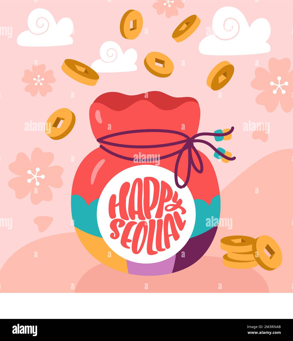 Traditional Korean Color New Year Lucky Bag and text Happy Seollal ...