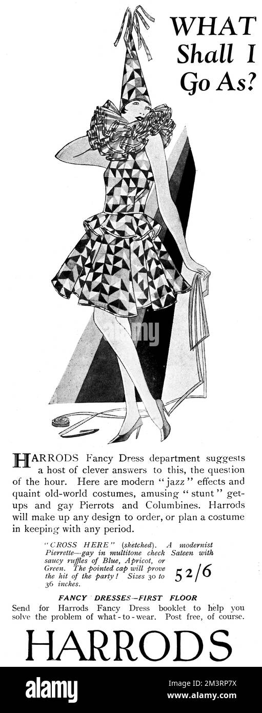 Black and white half-page advertisement for Harrod's Fancy Dress ...