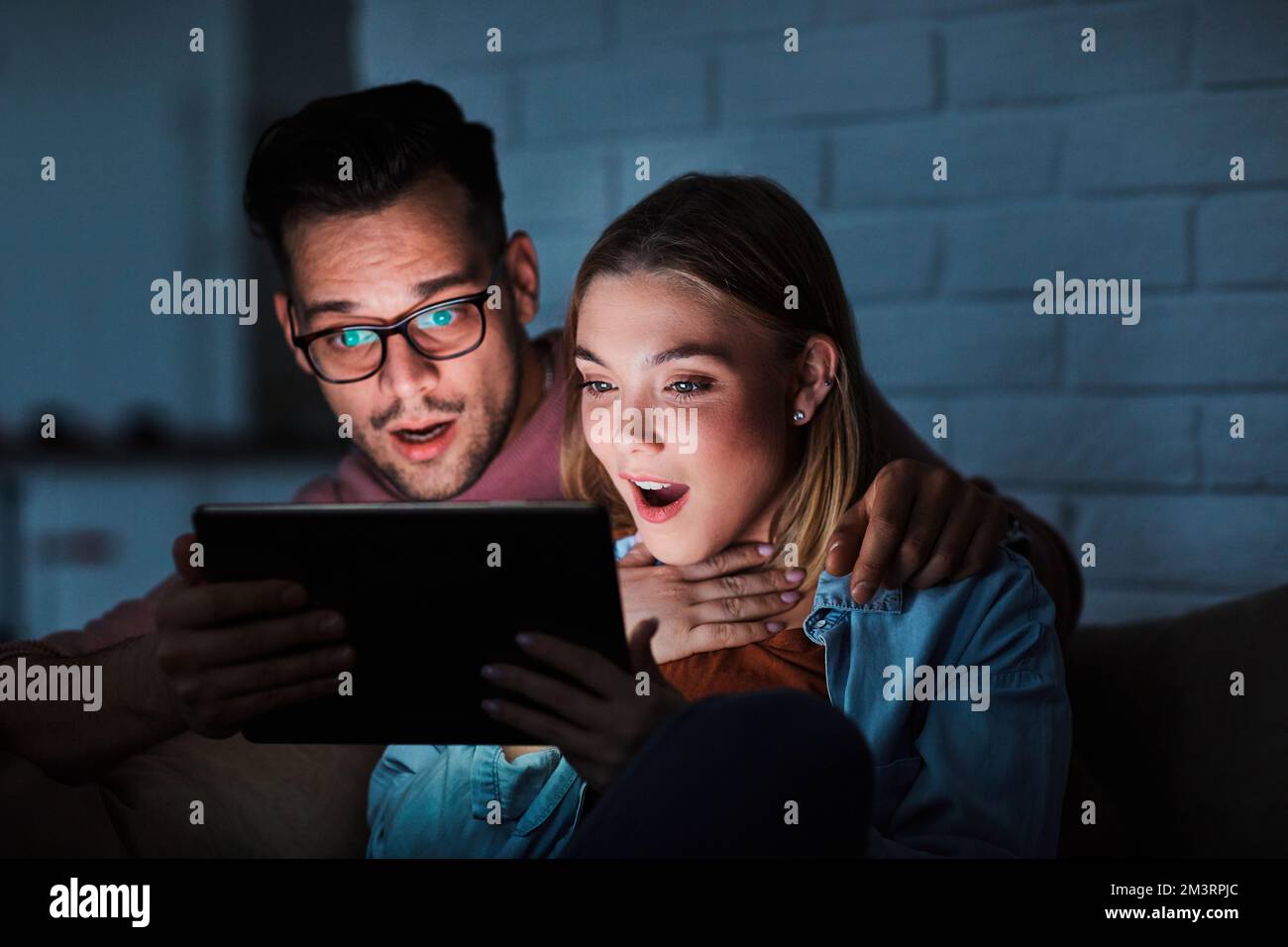 couple movie night tc laptop tablet love watching entertainment Stock ...