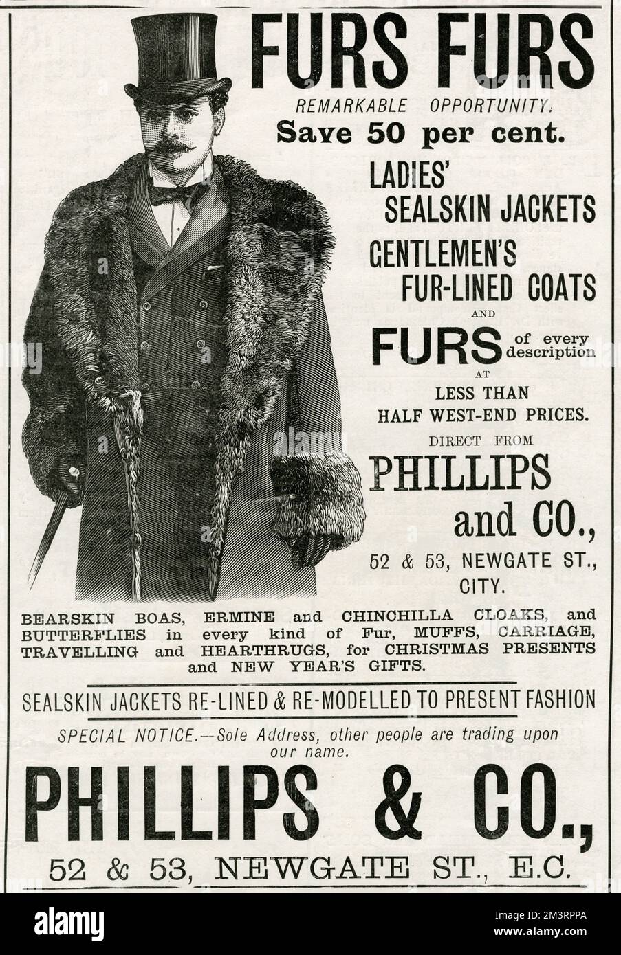 Advert for Phillips's & Co gentlemen's fur coats 1893 Stock Photo - Alamy