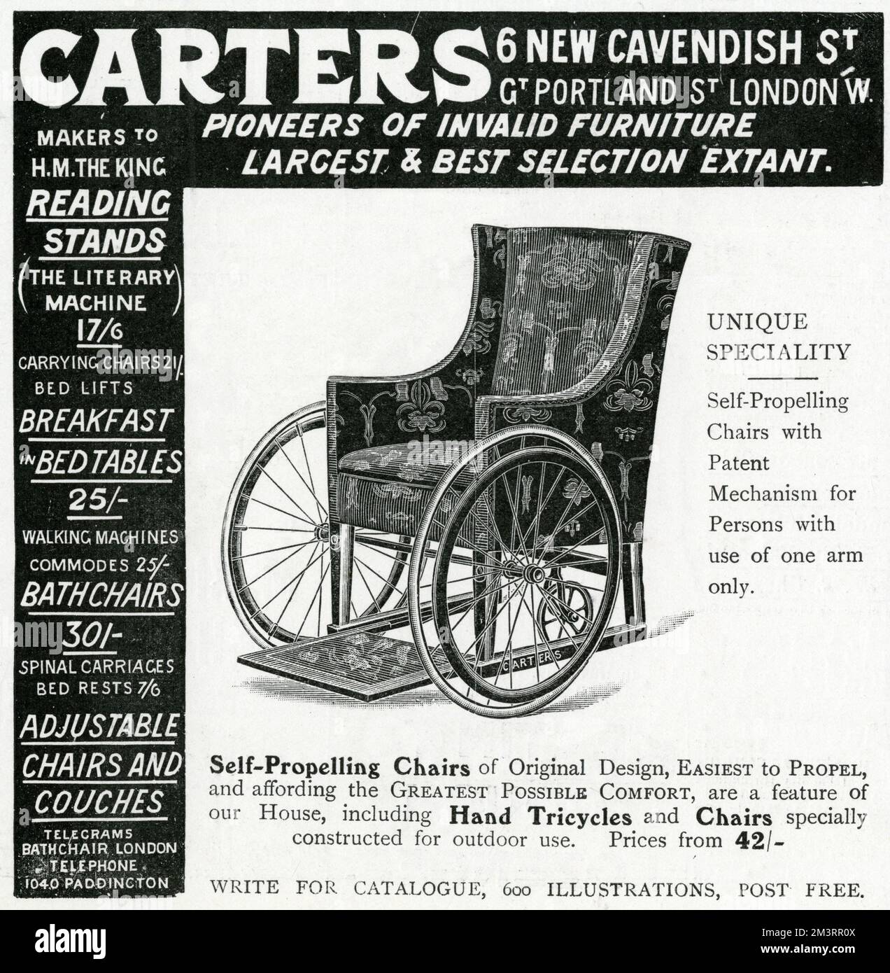 Self propelling wheelchair, with single-arm drive. Date: 1906 Stock ...