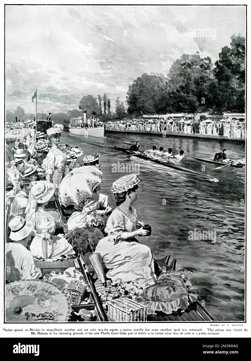 Men and women watching the rowing race, on the River Thames. Date: 1906 ...