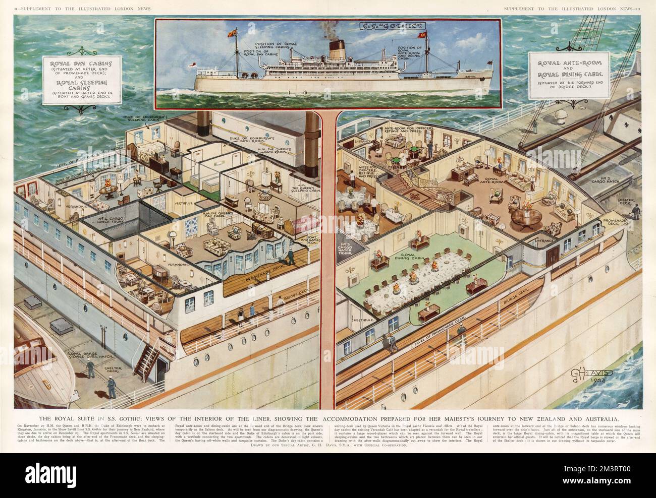 Cross section of the S.S. Gothic, showing the royal suite, prepared for ...