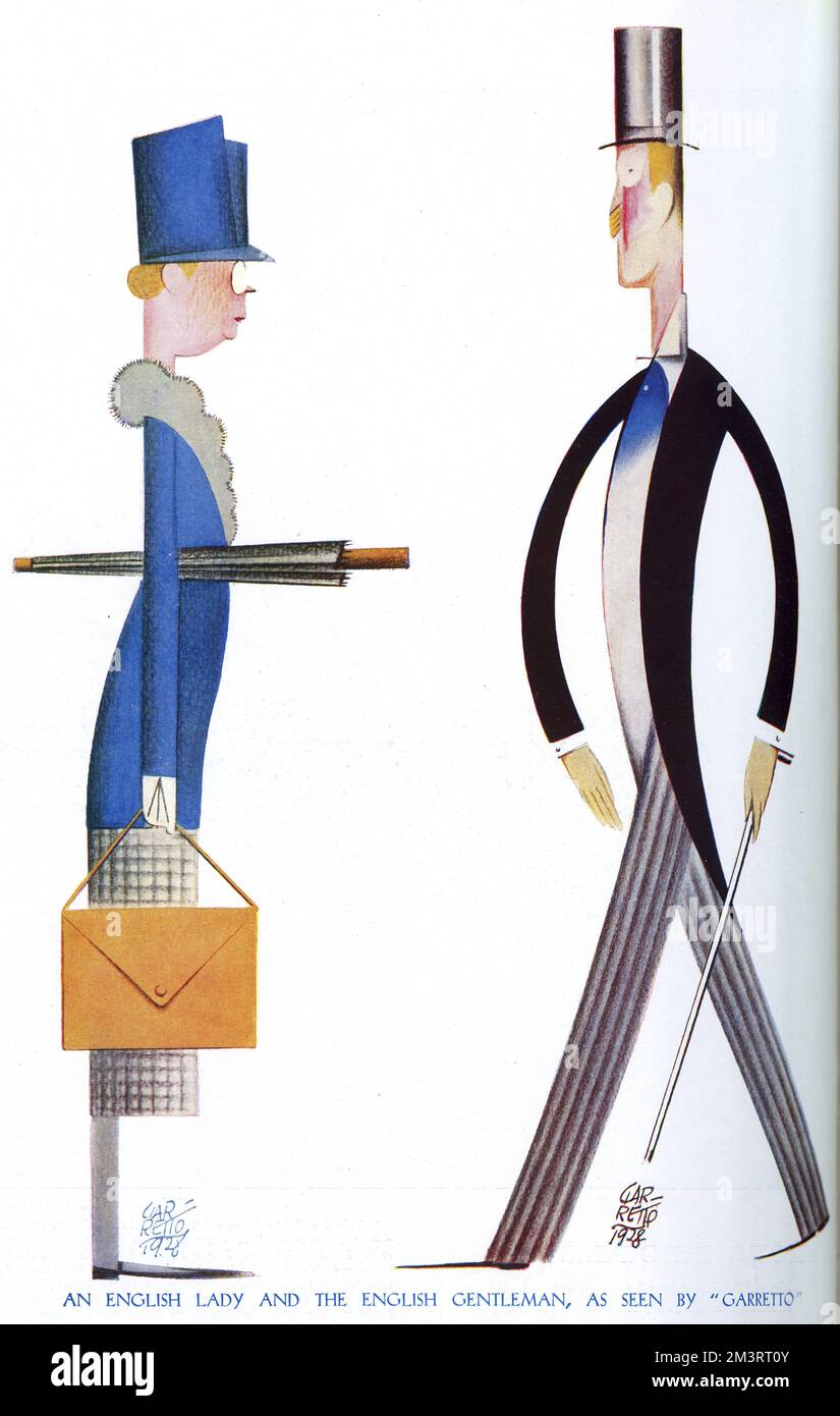Caricature of a typical English man and woman in 1928, the lady looking ...