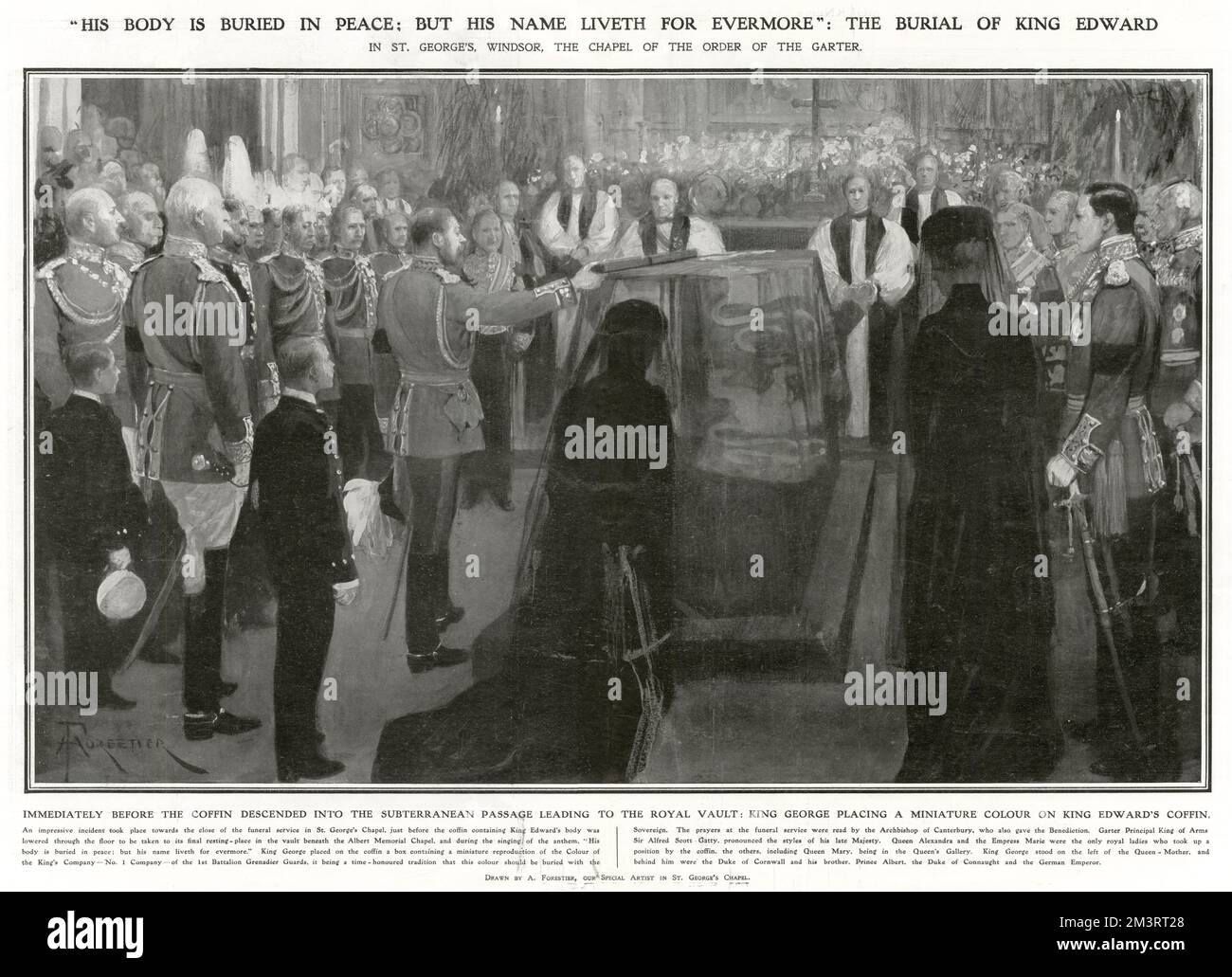 Funeral service of King Edward VII at St. George's, Windsor, coffin being descenede into the ...