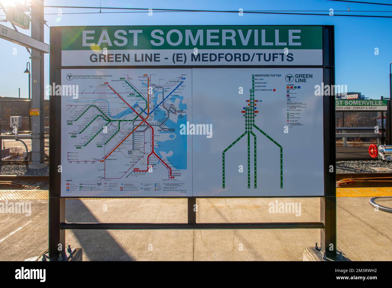 Sign and map of MBTA Green Line East Somerville station in city of ...
