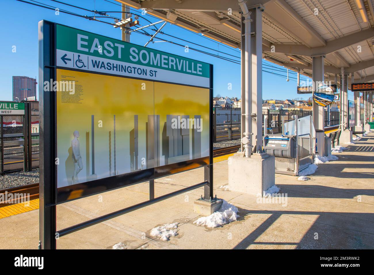 Sign and map of MBTA Green Line East Somerville station in city of ...