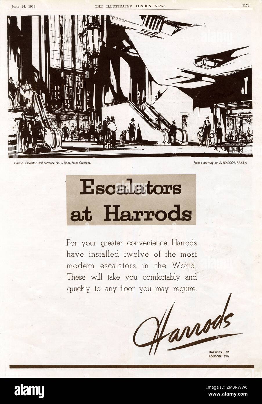 Harrods advertisement 1939 - new escalators installed Stock Photo - Alamy