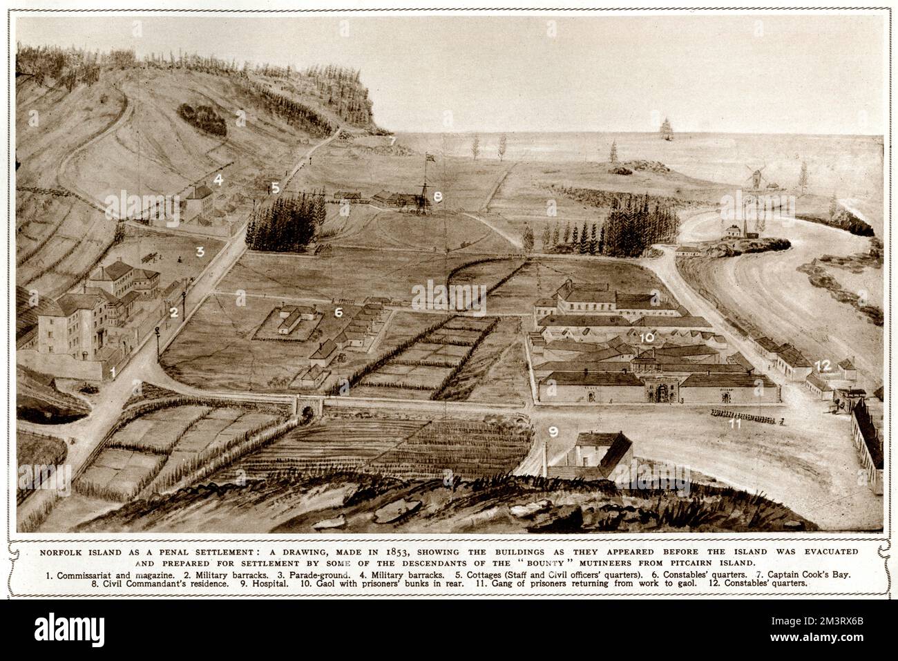Norfolk Island as a penal settlement: a drawing, made in 1853, showing ...