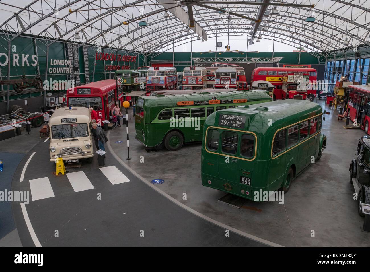 General view inside the London Bus Museum, part of Brooklands Museum ...