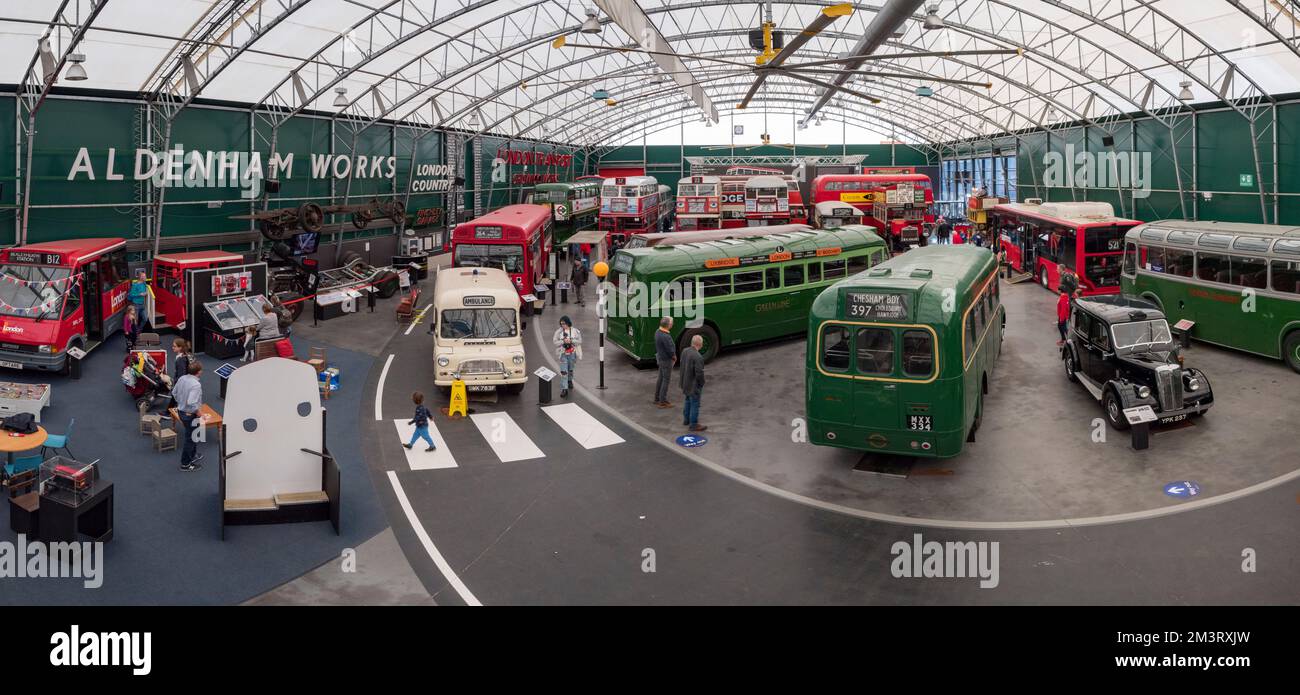 Panoramic view inside the London Bus Museum, part of Brooklands Museum ...