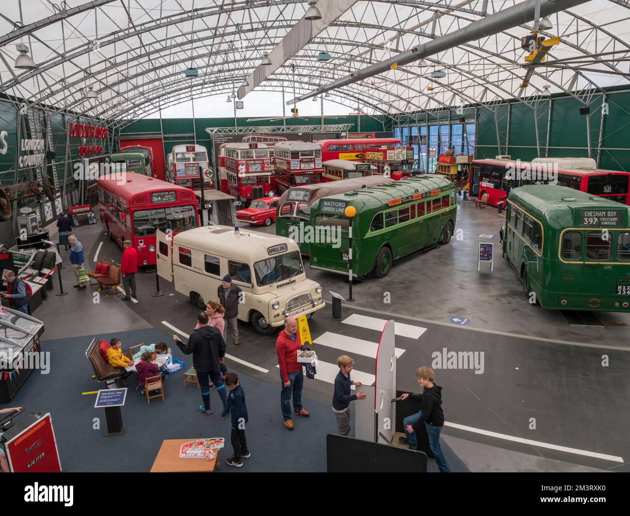 General view inside the London Bus Museum, part of Brooklands Museum ...