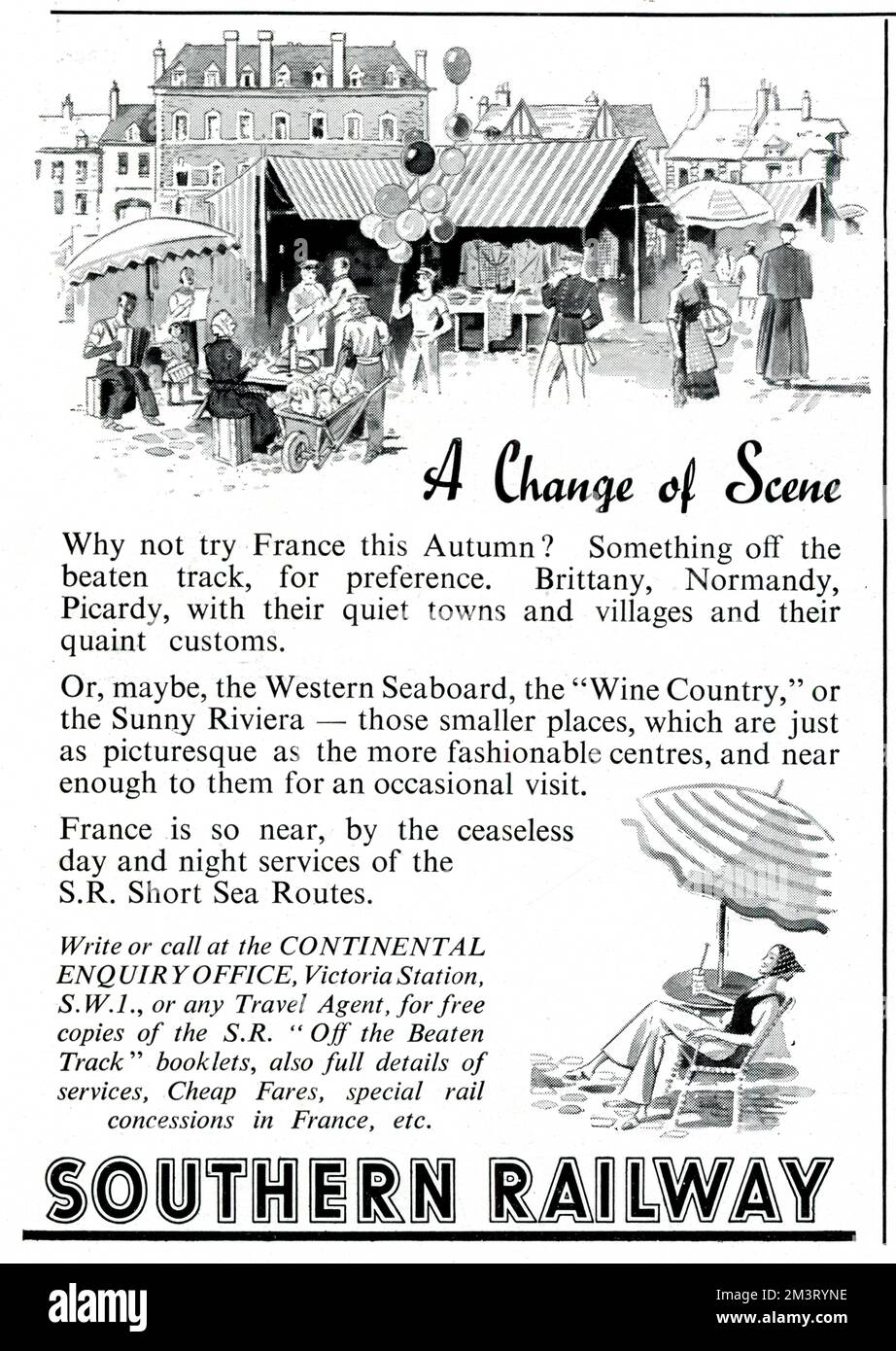 A Change of Scene - Advert for Southern Railway 1939 Stock Photo - Alamy