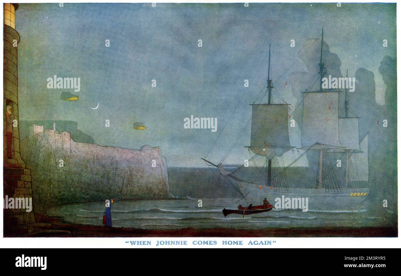 Atmospheric scene showing a ship returning home at night. A solitary ...