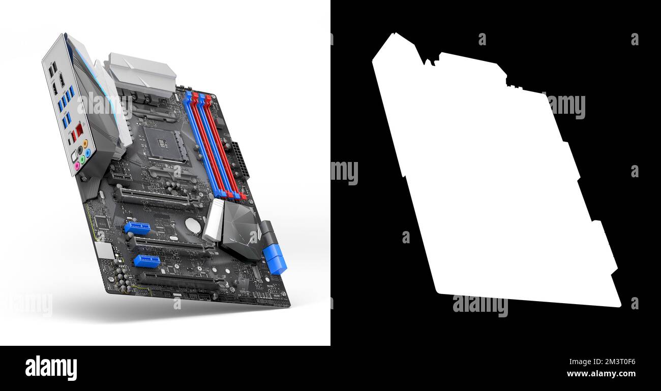 Electronics components on modern PC computer mainboard 3d render on ...