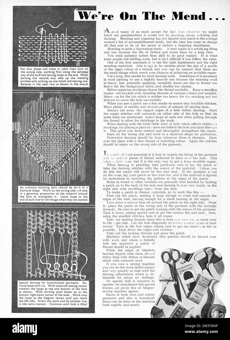 We're on the mend. Mending and darning clothes and fabric in wartime ...