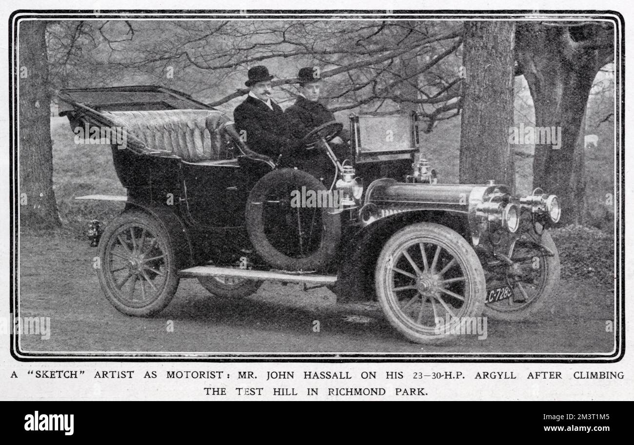 The artist John Hassall in his 23-30 Argyll motor-car after climbing ...
