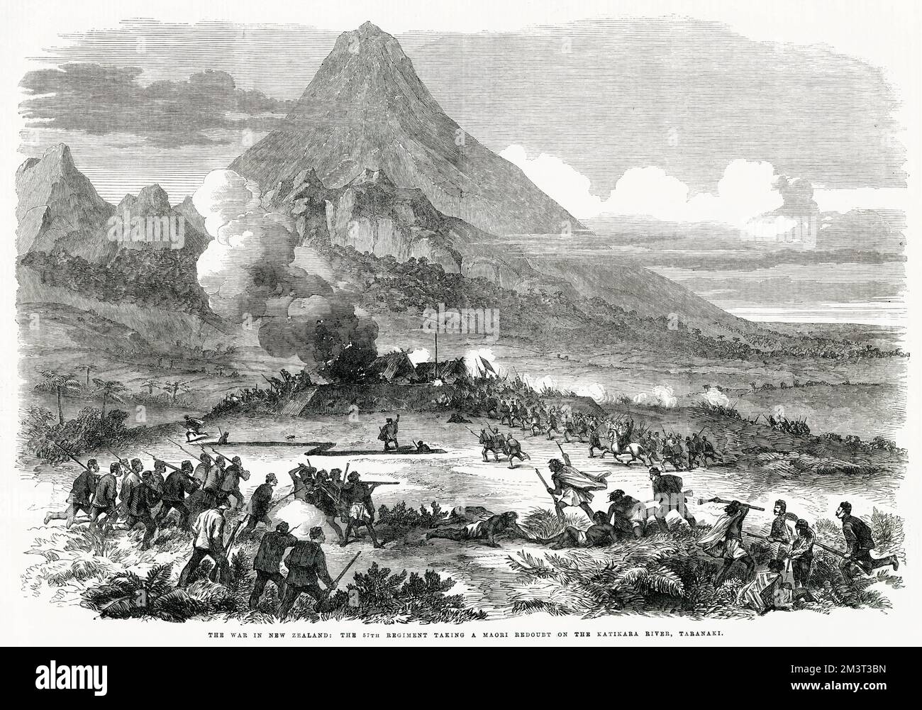57th Regiment captures a Maori redoubt on the Katikara River Stock ...