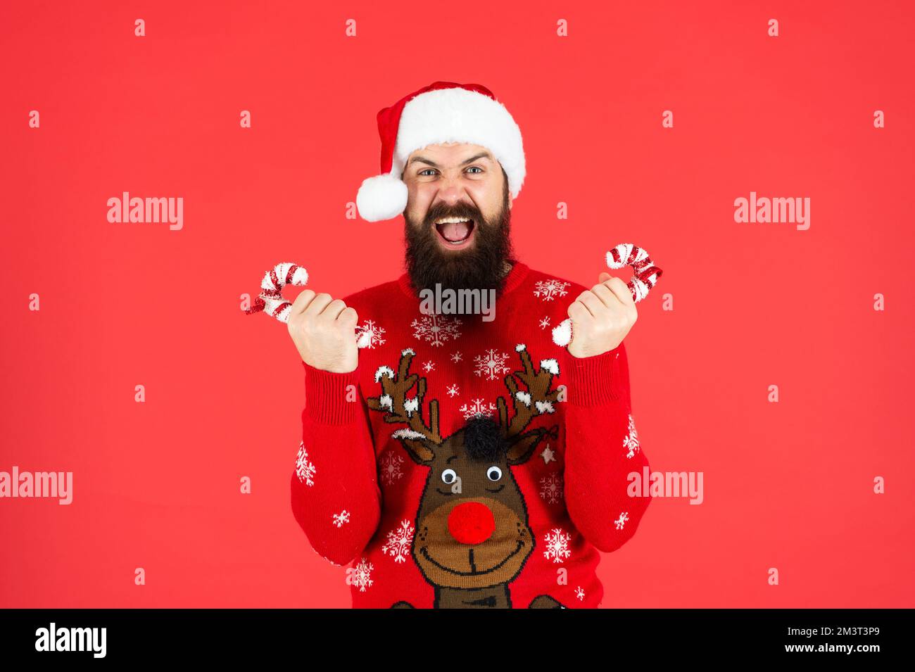 glad bearded man in santa claus hat. brutal hipster in winter knitted ...