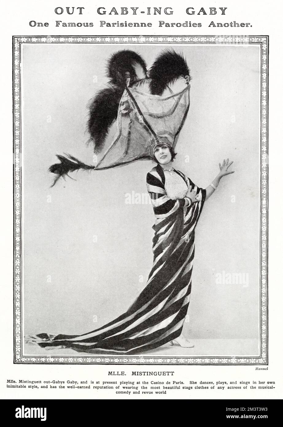 Mistinguett, performing at the Casino de Paris, parodying fellow ...