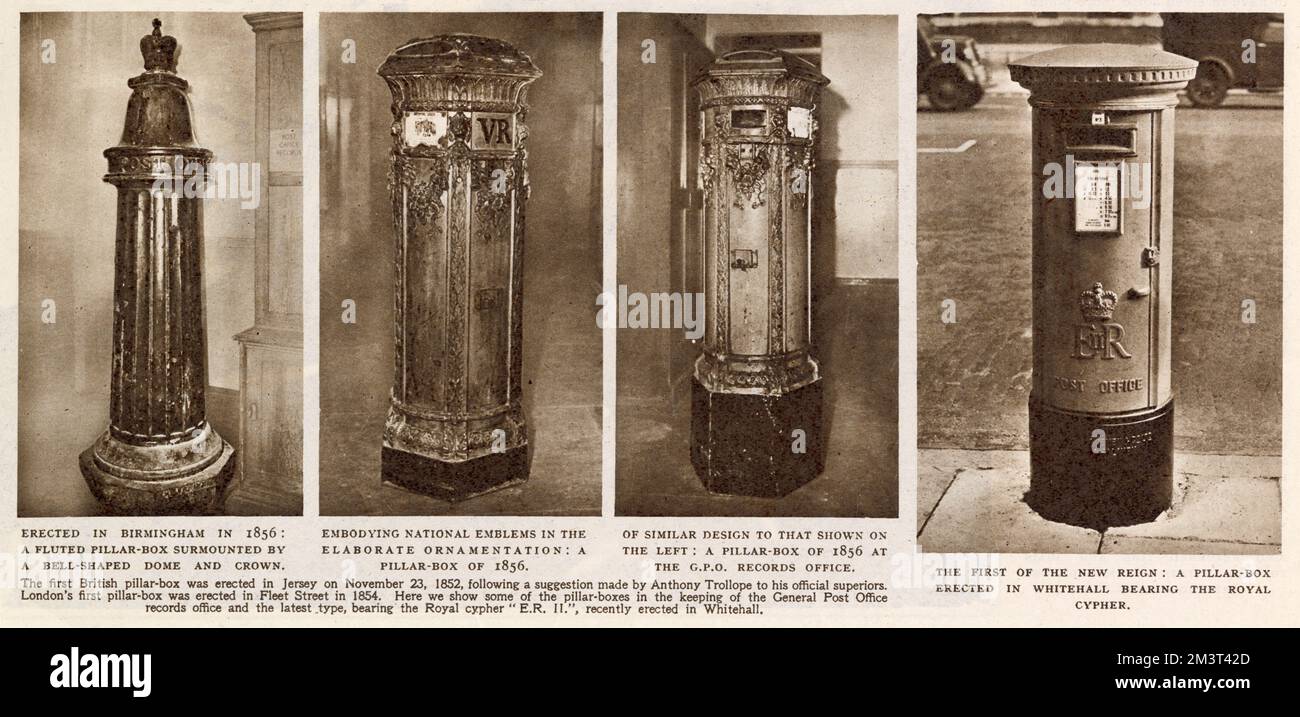 Four examples of pillar boxes (or post boxes): a fluted example with a ...