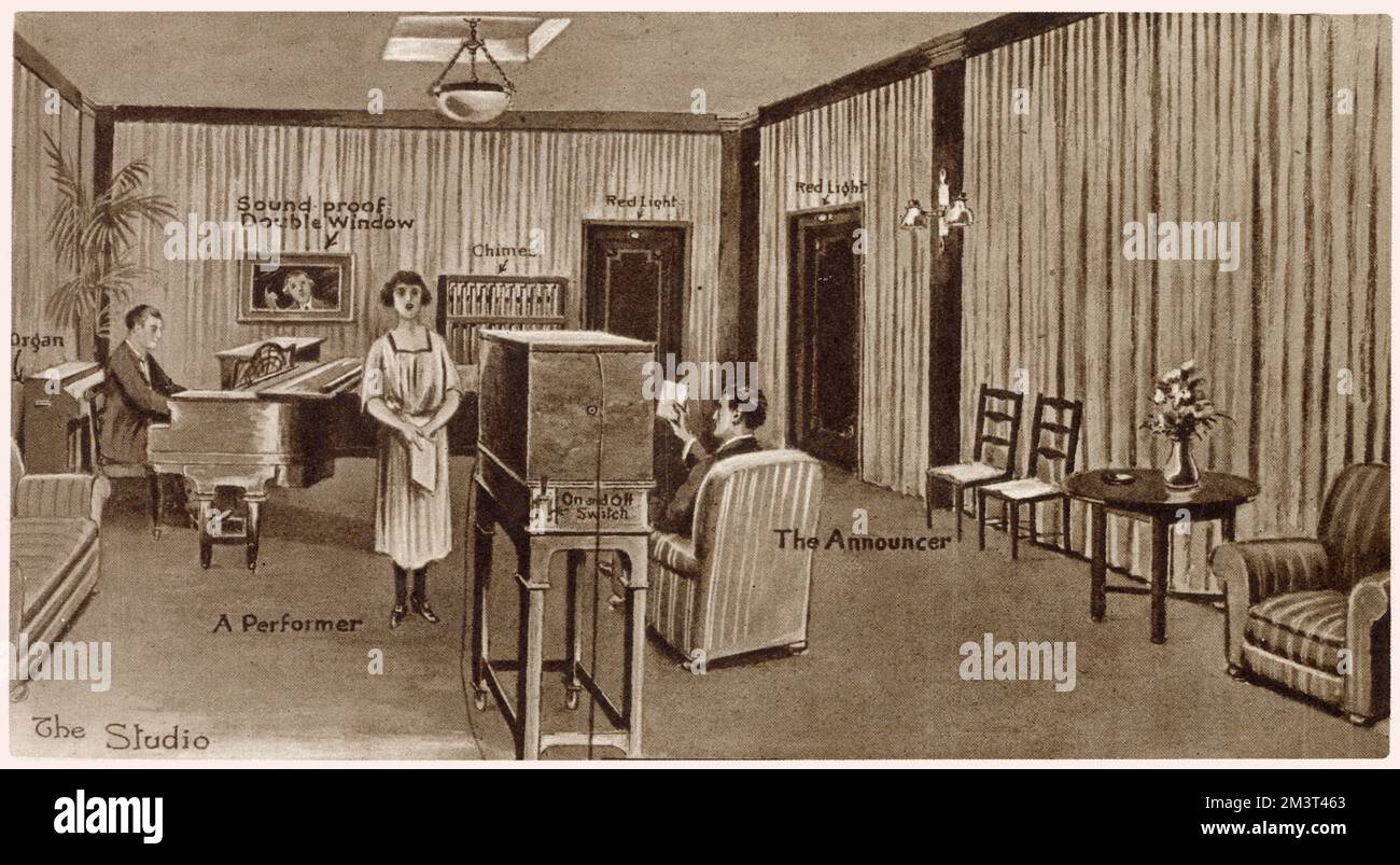 Illustration (probably by G.H. Davis) of the BBC's first studio in 1923 ...