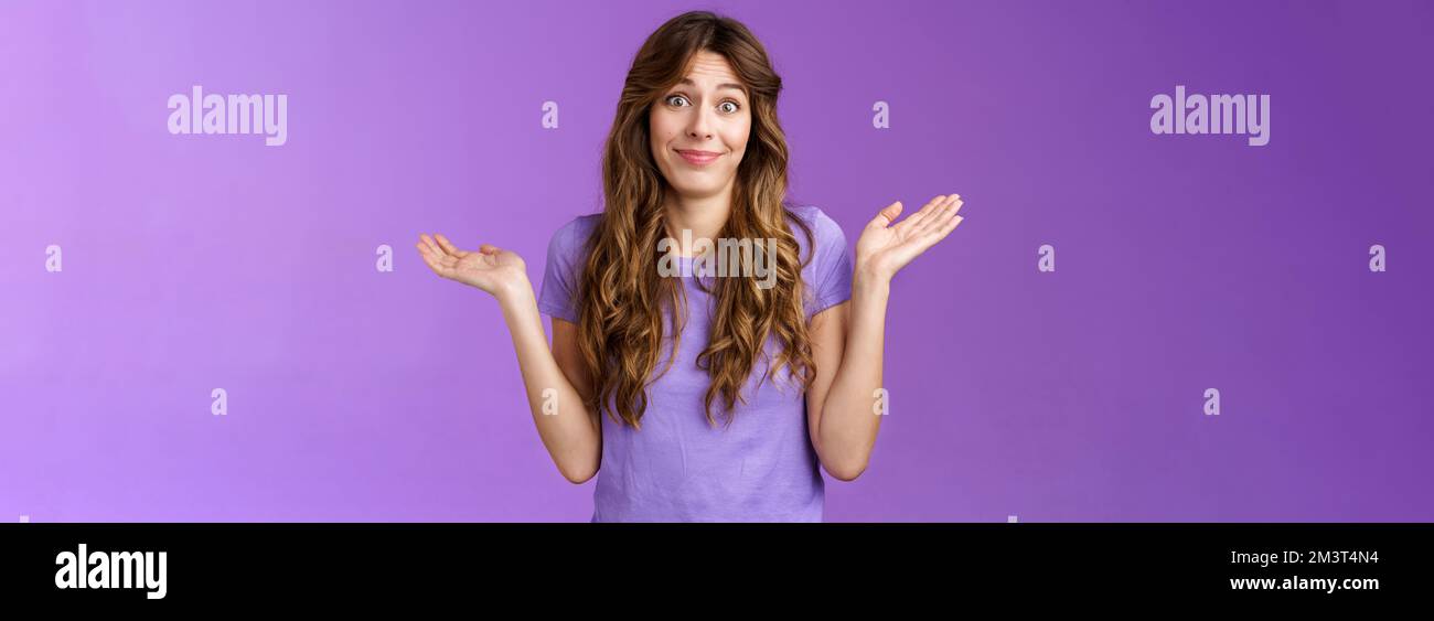 Girl Not Giving Any Care Carefree Unbothered Cute Caucasian Curly Haired Woman Shrugging Hands