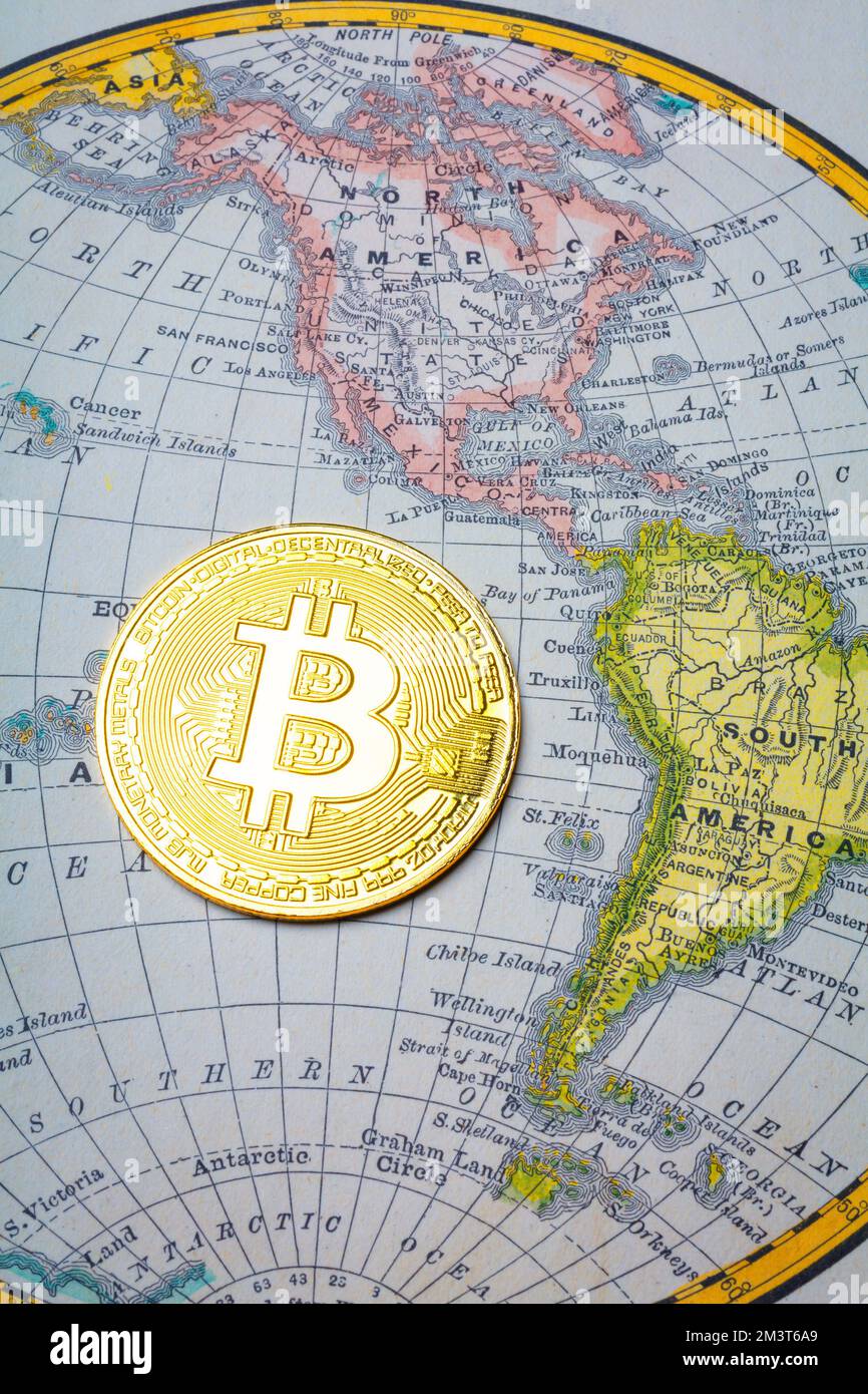 Bitcoin On World Map Stock Photo - Alamy