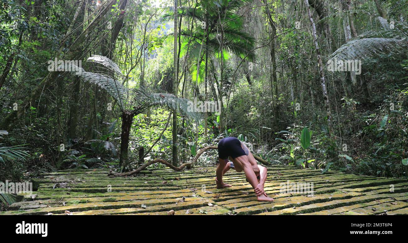Yogi man stretching legs in tropical forest Stock Photo - Alamy