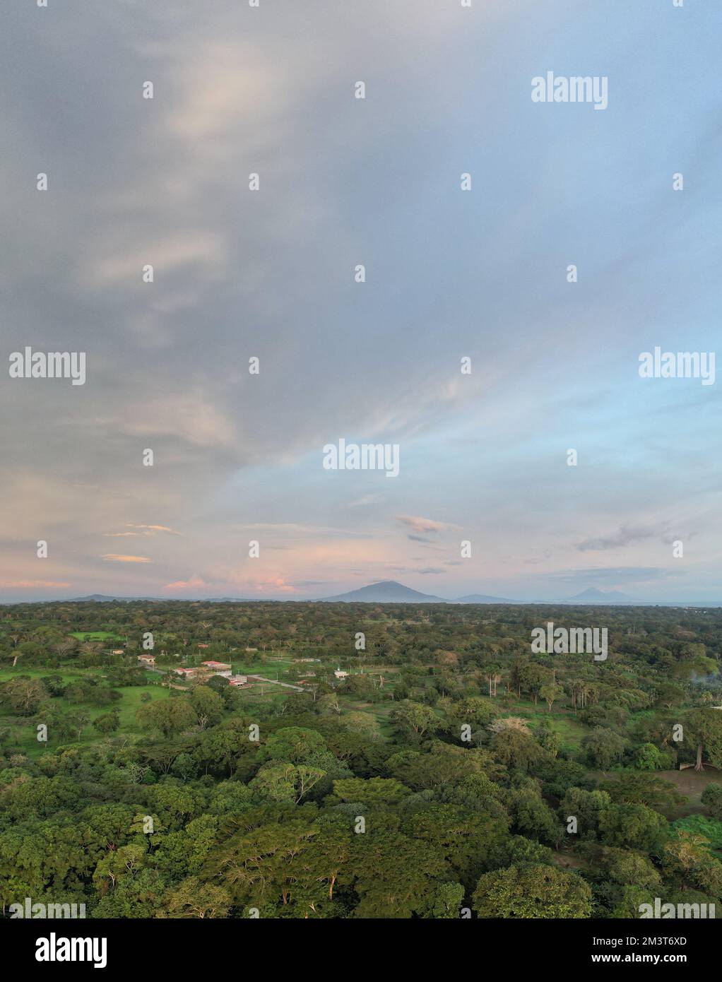 Green landscape with volcano on pink sunset sky background Stock Photo ...