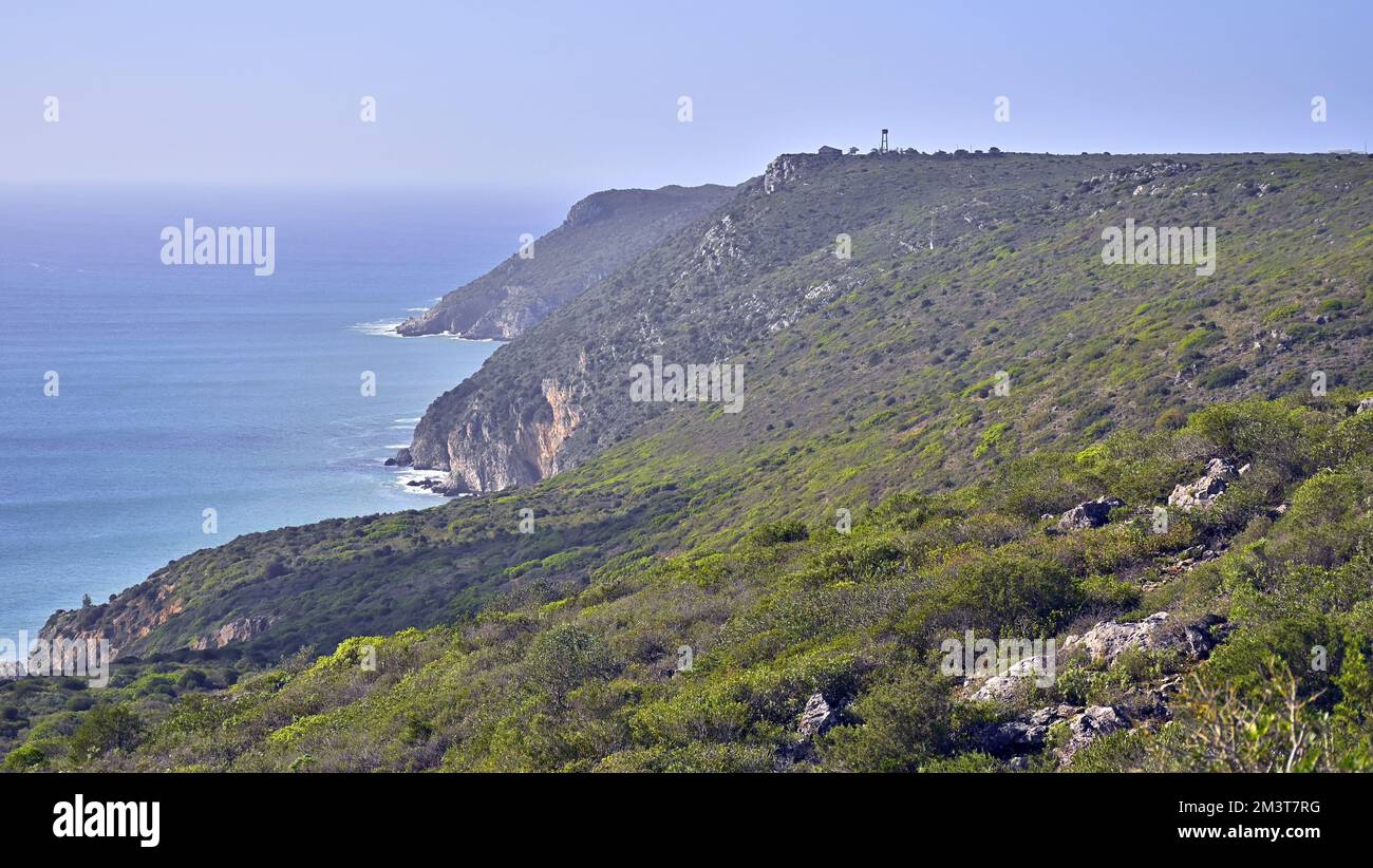 The impressive rocky cliffs covered with greenery on Atlantic Ocean coast in Portugal under blue ...