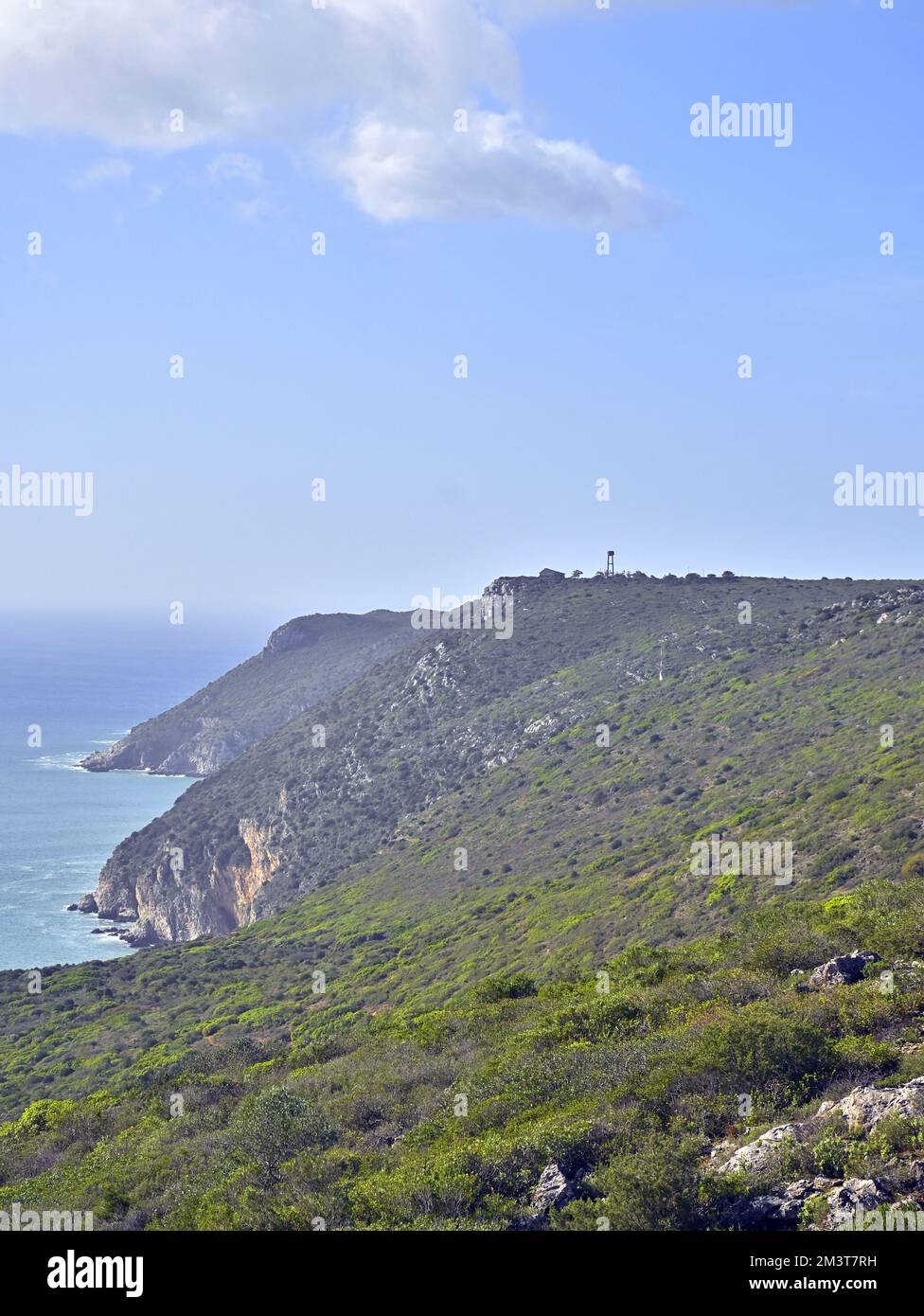 The impressive rocky cliffs covered with greenery on Atlantic Ocean coast in Portugal under blue ...