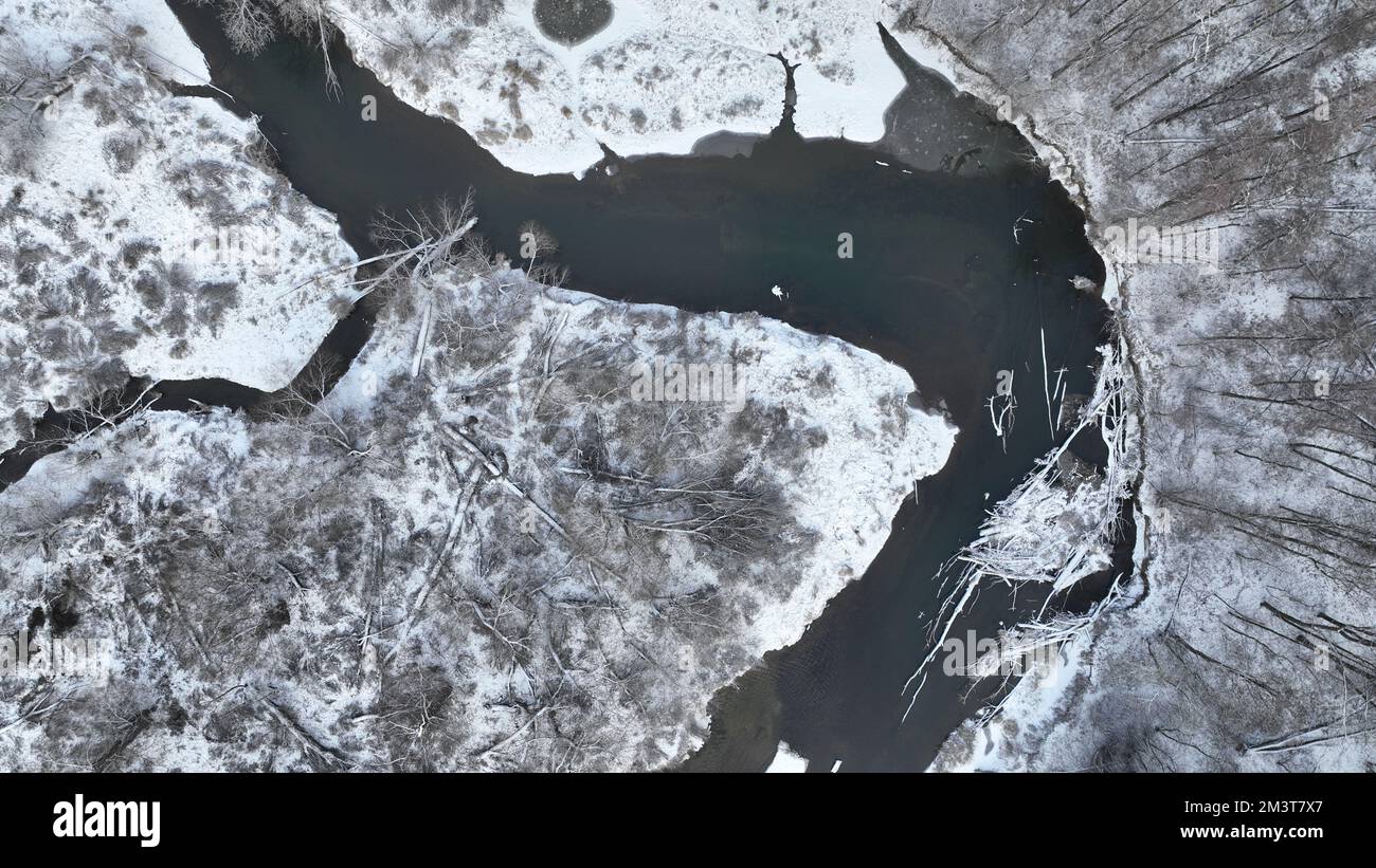 River delta floodplain winter snow meander drone aerial inland video ...