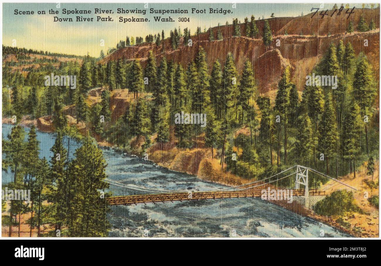 Scene on the Spokane River, showing suspension foot bridge, Down River ...