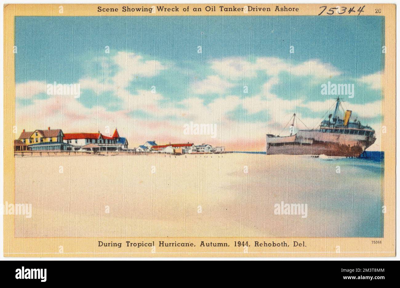 Scene showing wreck of an oil tanker driven ashore during tropical ...
