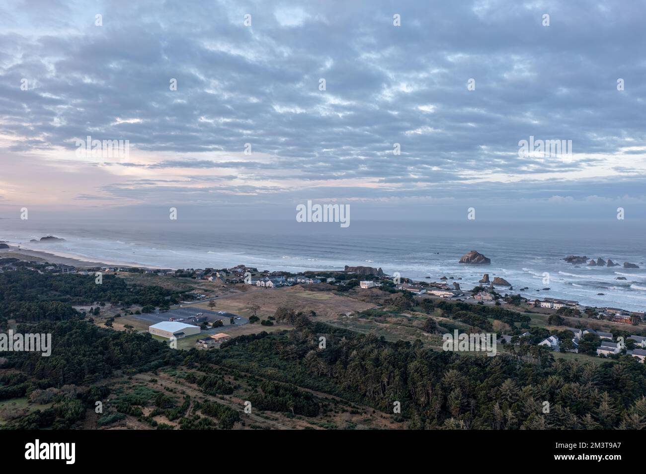 Bandon-by-the-Sea, Oregon Coast. Aerial view of coastline at sunrise ...