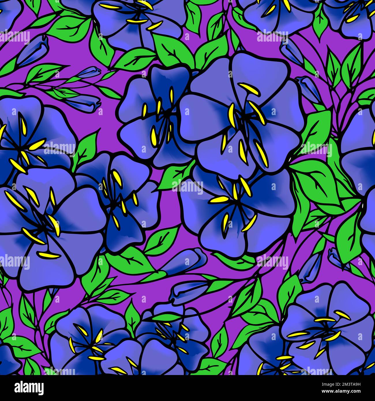 seamless pattern of large blue flowers on a purple background, texture, design Stock Photo - Alamy