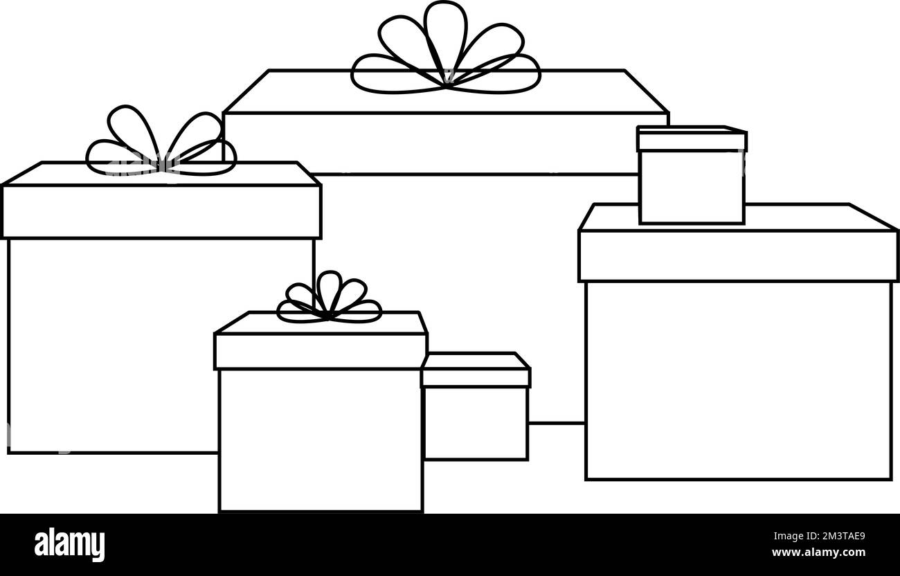 black and white graphic simple drawing of gift boxes of different sizes ...