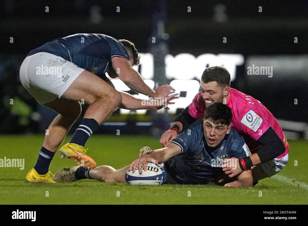 Gloucester's Jake Morris (right) tackles Leinster's Jimmy O'Brien ...