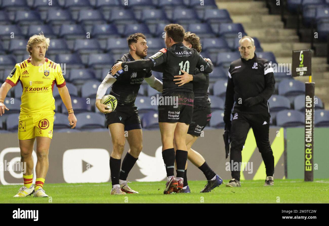 Glasgow Warriors' Rufus Mclean celebrates the first try during the EPCR ...