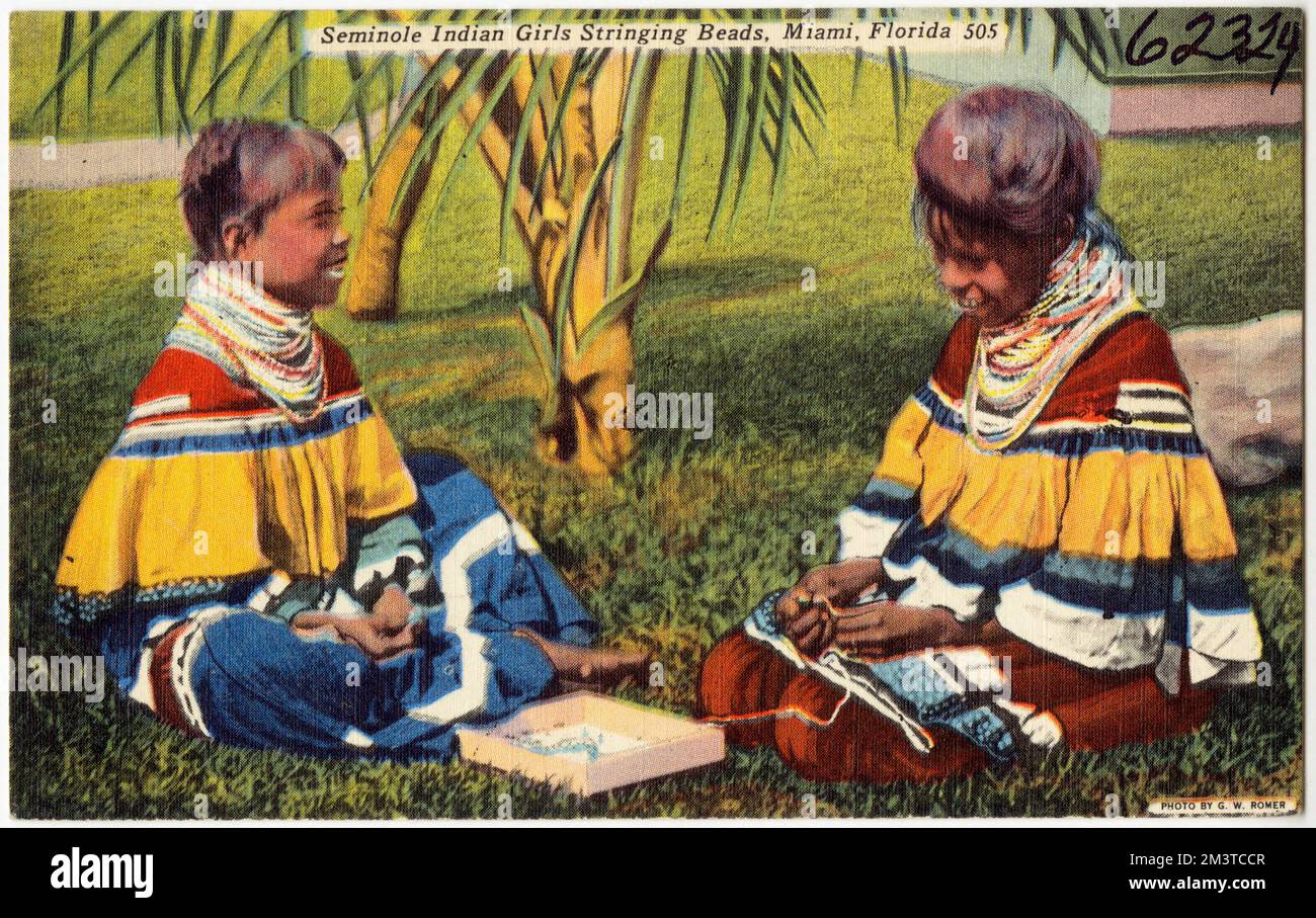 Seminole Indian girls stringing beads, Miami, Florida , Tichnor ...