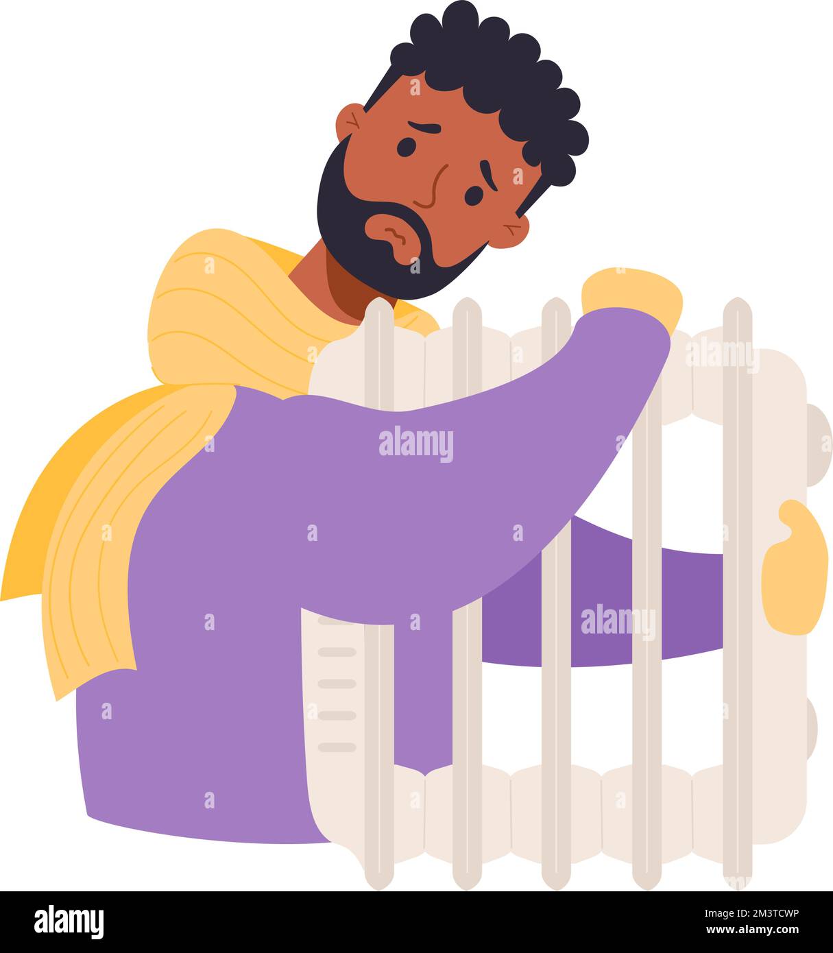 Sad bearded ethnic man in scarf and mittens, freezes and warms himself ...