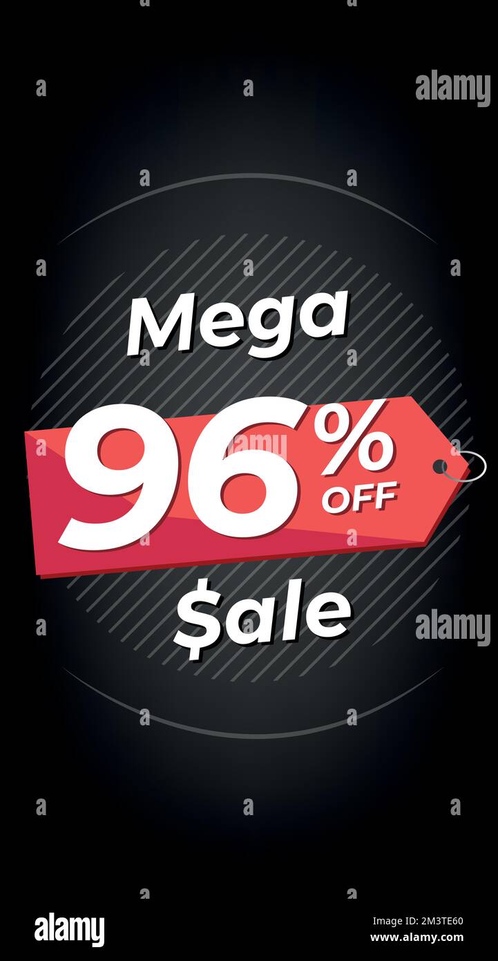 96% off. Black discount banner with ninety-six percent. Advertising for Mega Sale promotion ...