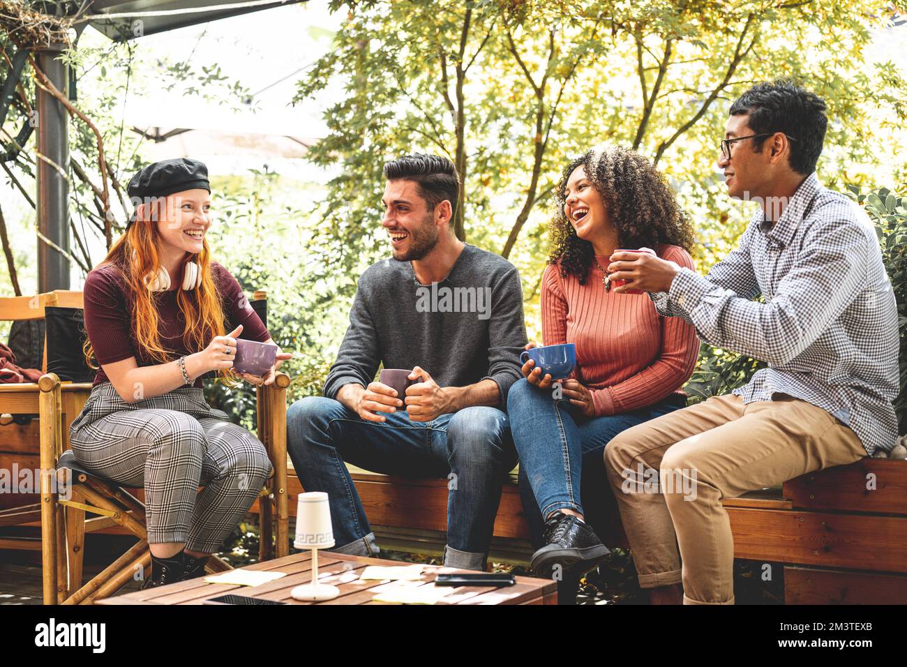 Happy friends having break together, students lifestyle, multiracial ...