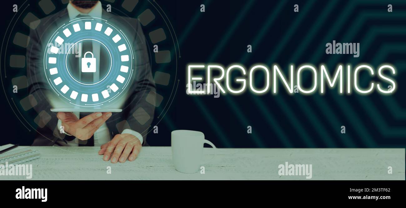 Text showing inspiration Ergonomics. Business showcase fitting or ...