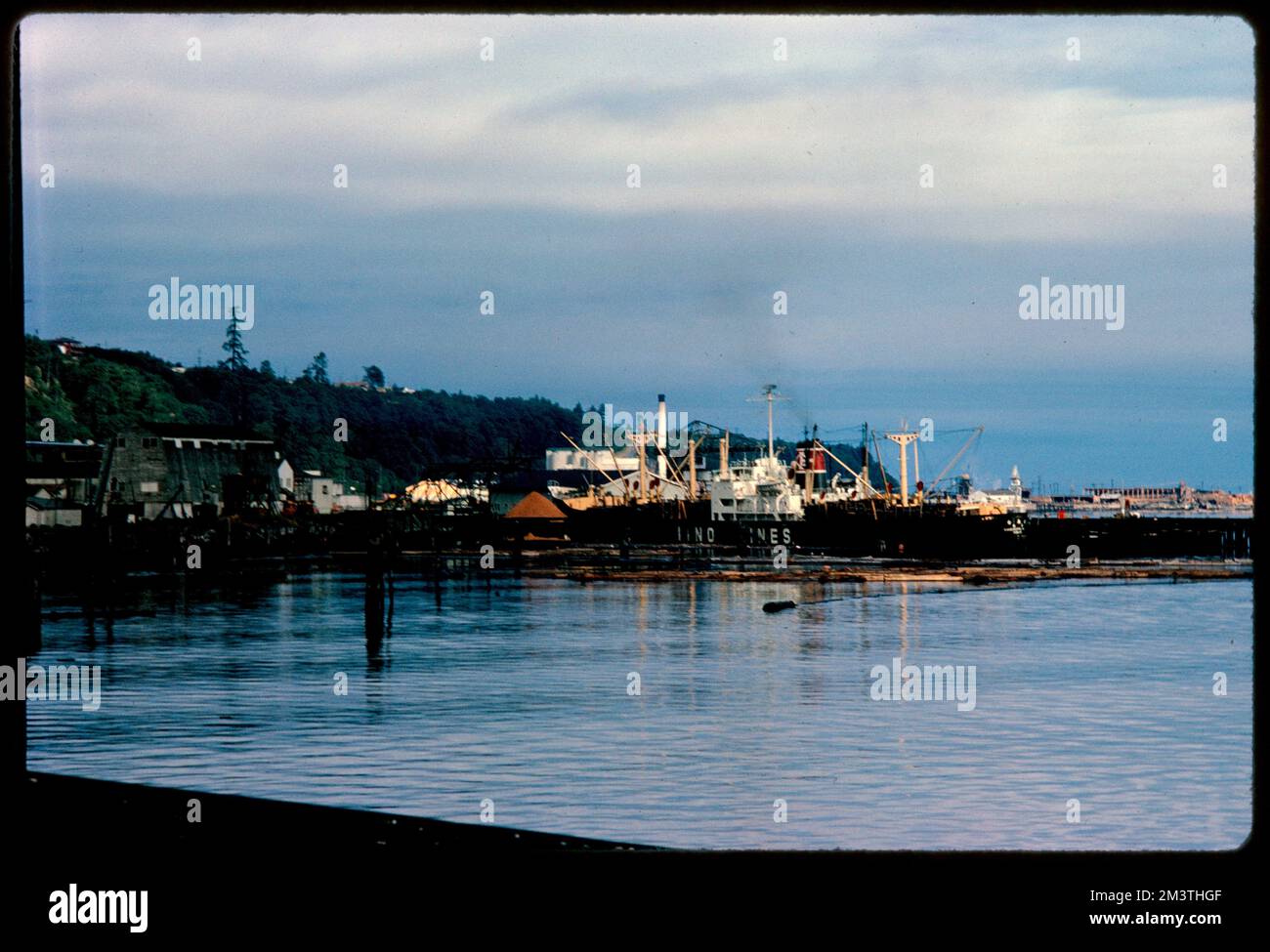 Ship docked at harbor at foot of tree-covered hill, probably Washington ...