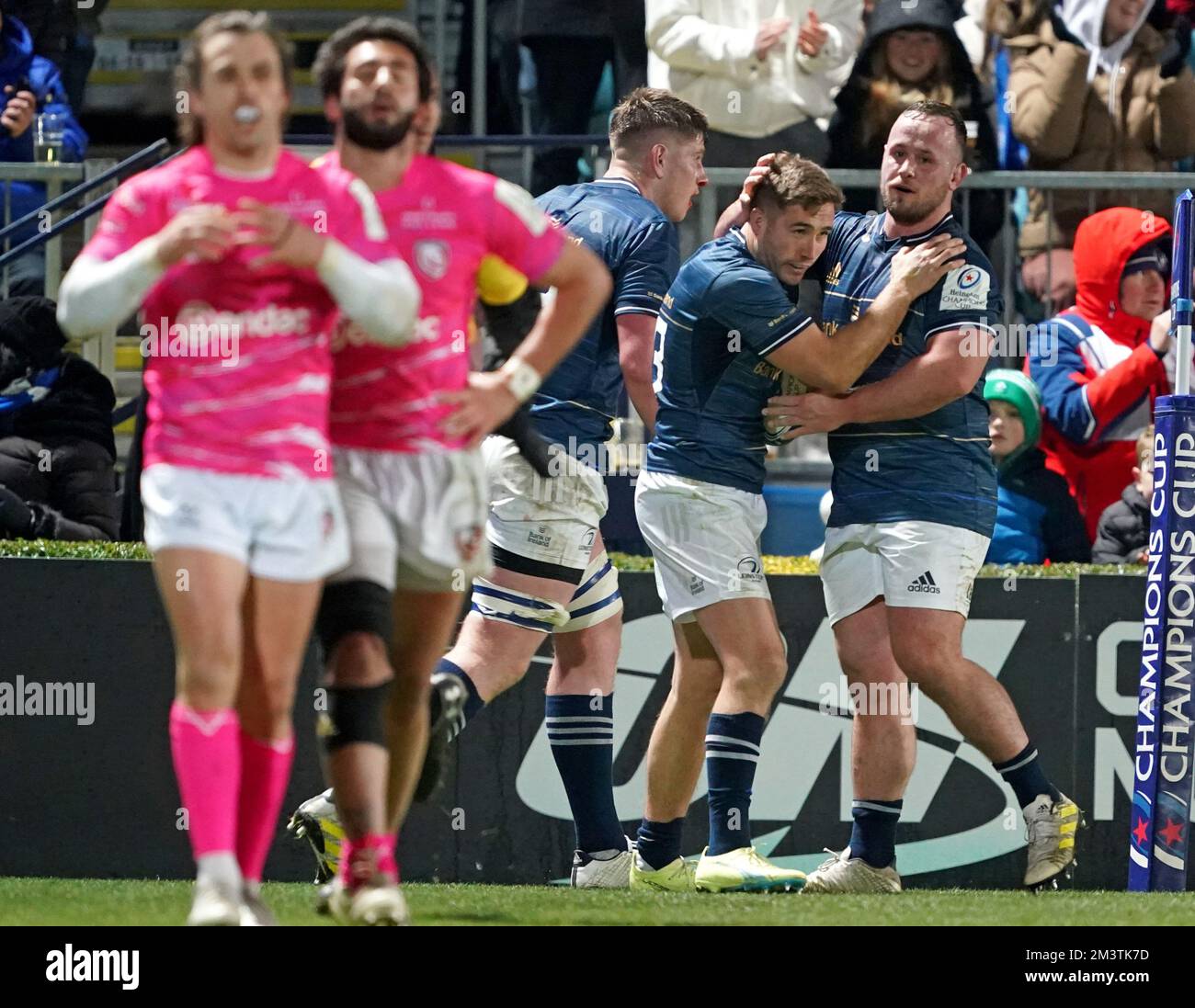 Leinster's Jordan Larmour (second right) celebrates after scoring his ...