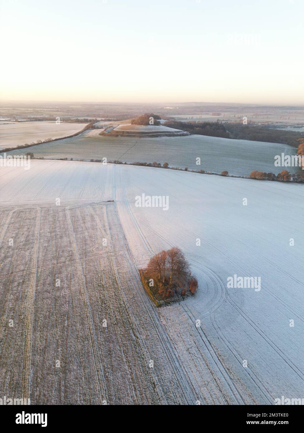 Wittenham Clumps Autumn snow aerial photography. Winter landscape ...