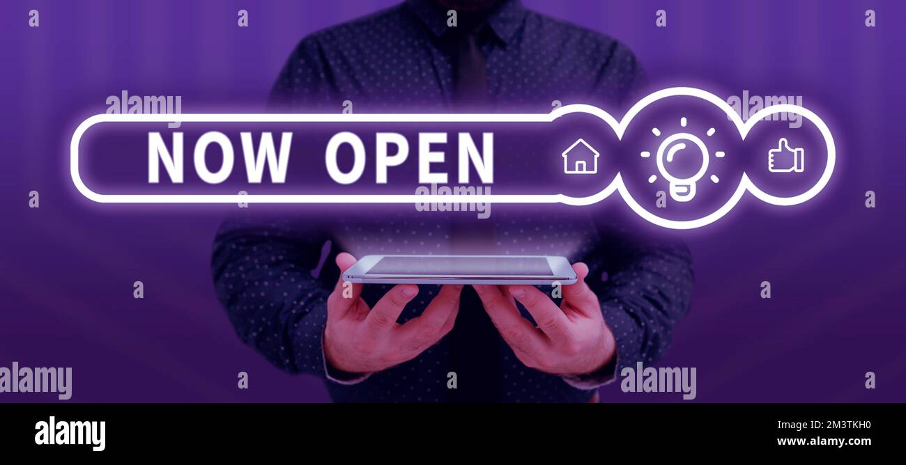 Sign displaying Now Open. Business overview leave door or windows not ...